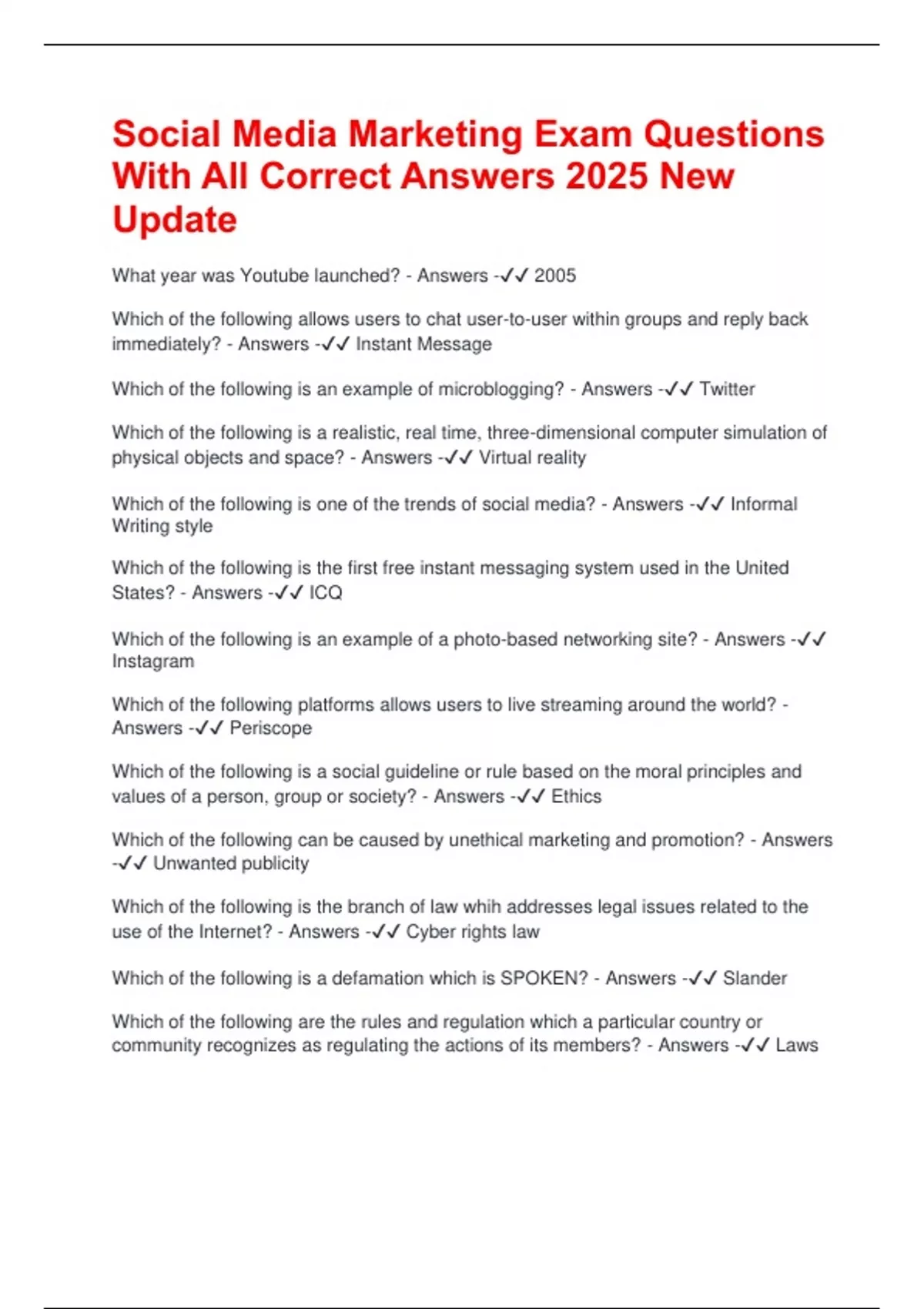 Social Media Marketing Exam Questions With All Correct Answers 2025 New ...