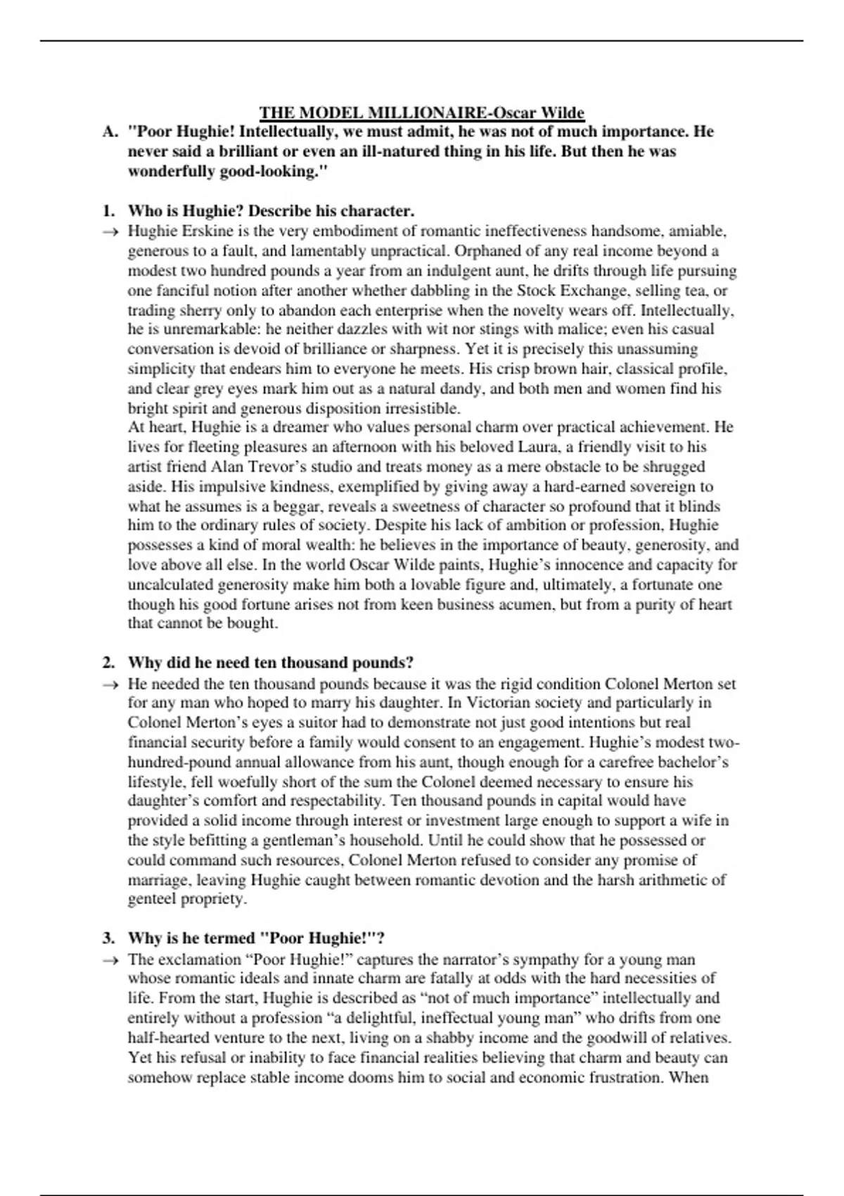 Complete Q&A Resource for the story "The Model Millionaire" by Oscar ...