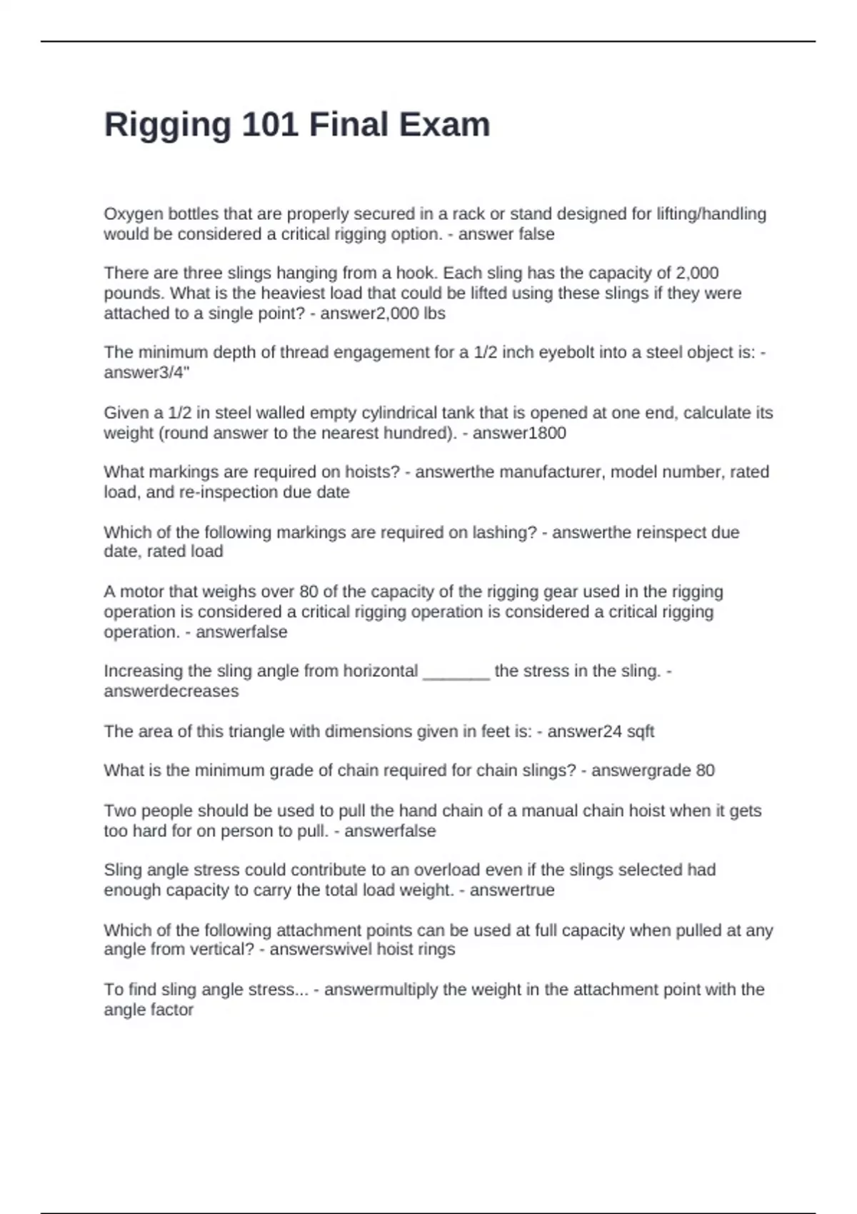 Rigging 101 Final Exam Questions with Solutions - Rigging - Stuvia US