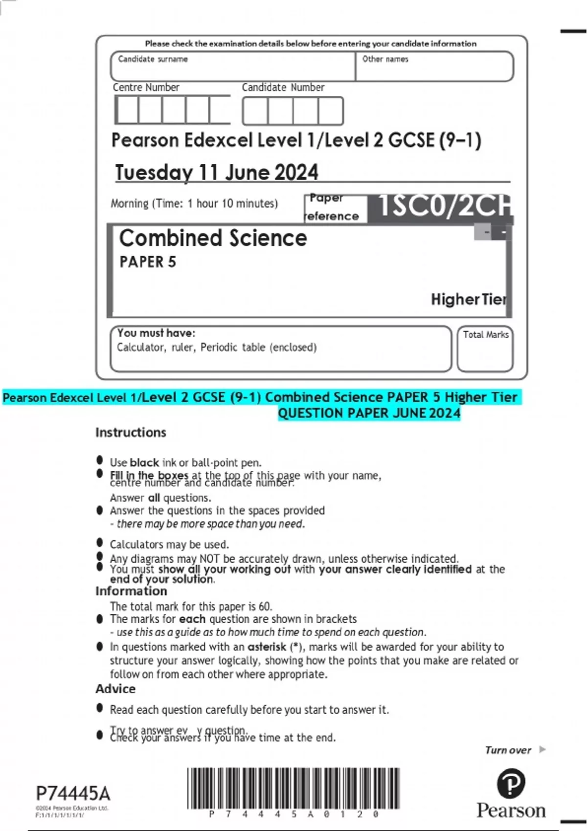Pearson Edexcel Level 1/Level 2 GCSE (9–1) Combined Science PAPER 5 ...