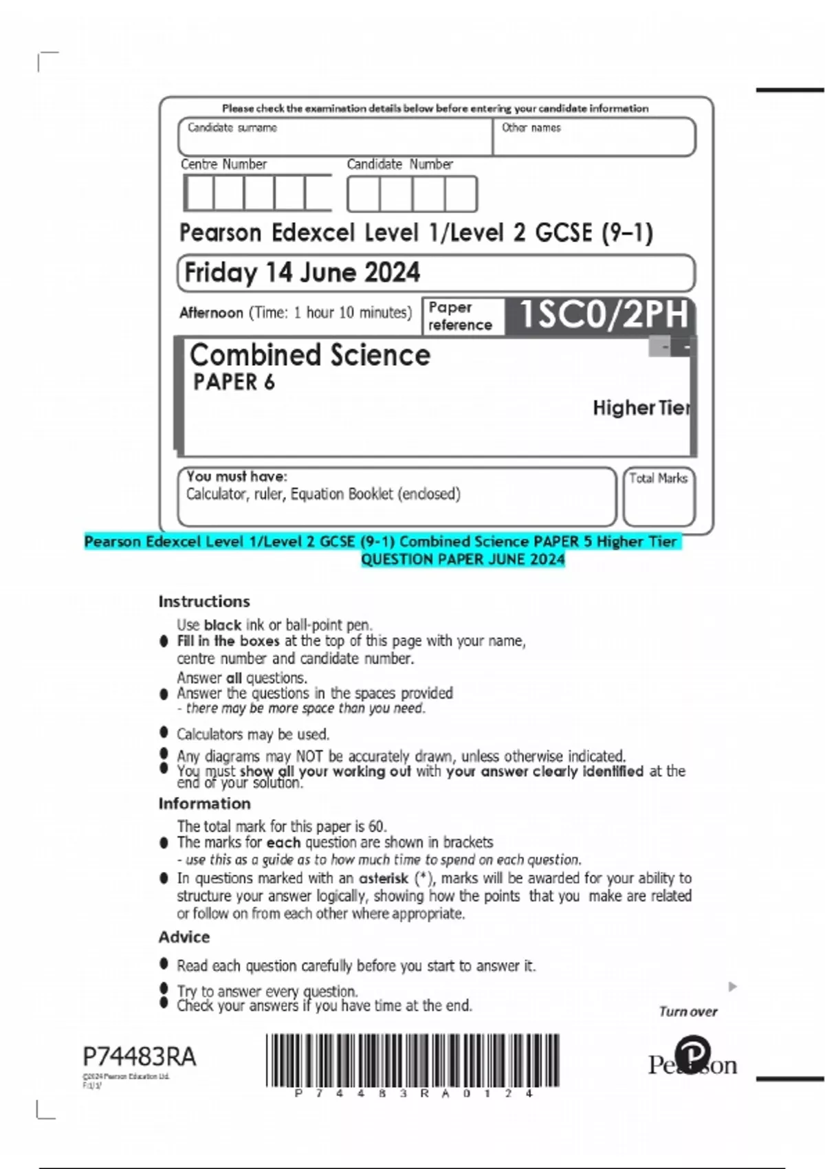Pearson Edexcel Level 1/Level 2 GCSE (9–1) Combined Science PAPER 5 ...