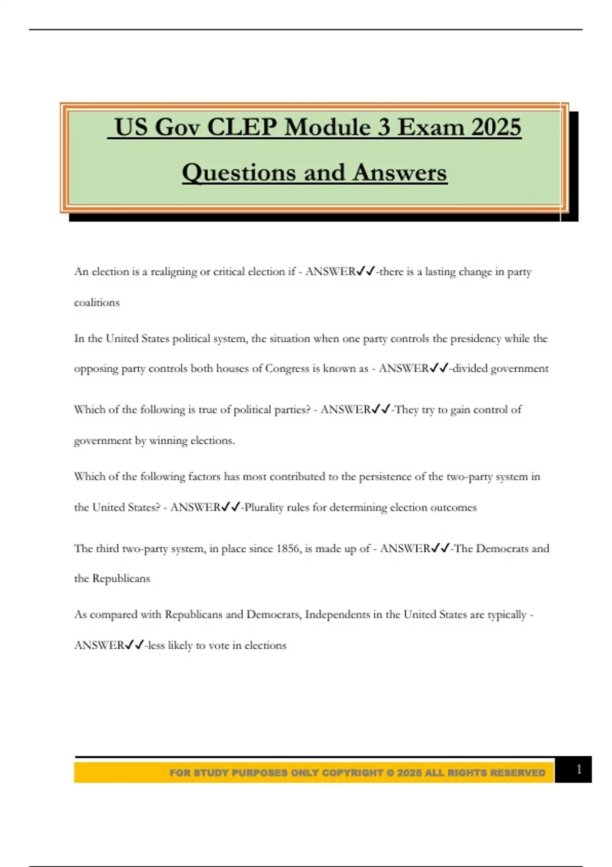 US Gov CLEP Module 3 Exam 2025 Questions and Answers - American ...