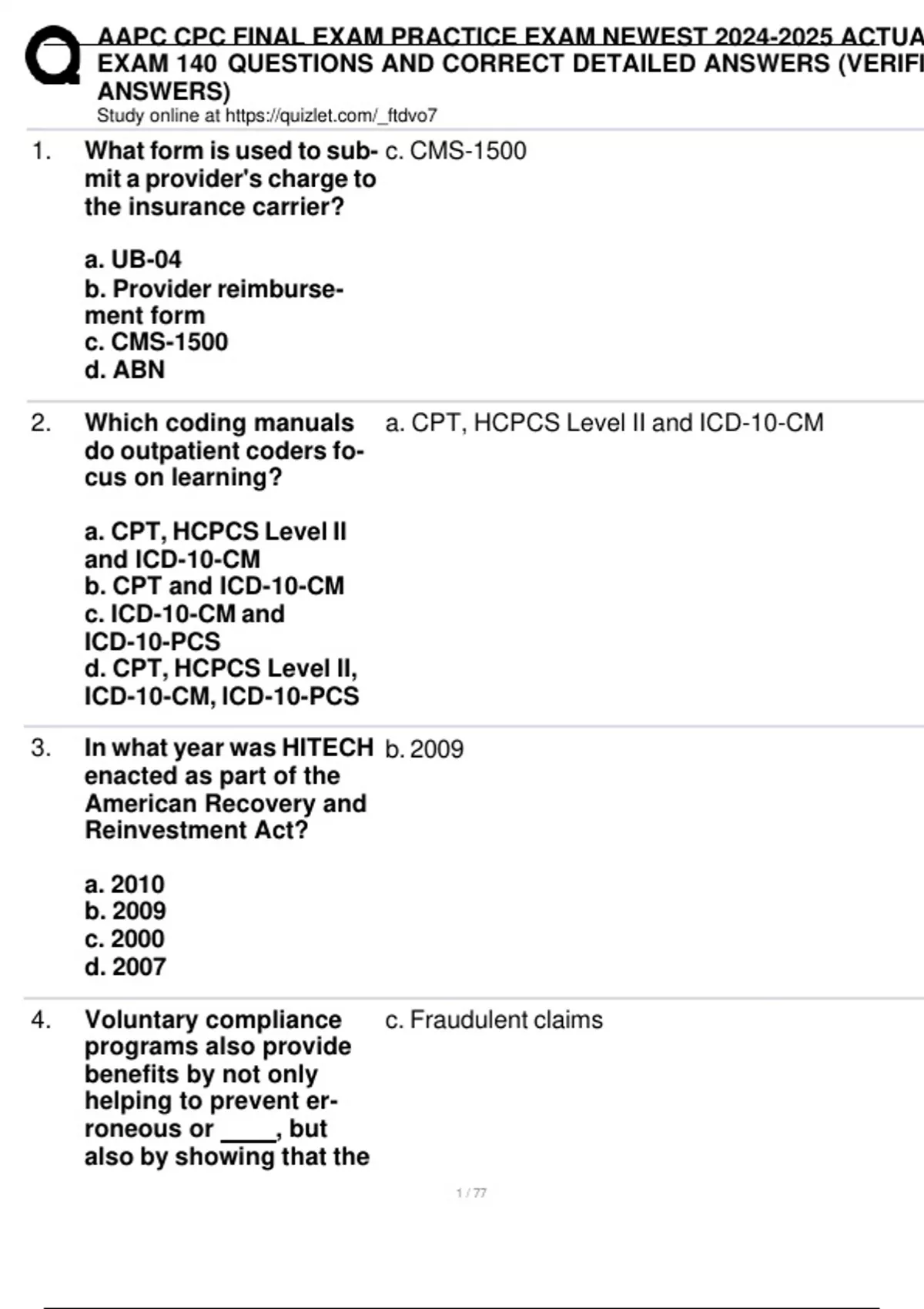 AAPC CPC Final Exam Practice 2024–2025 – 140 Verified Questions and Answers - AAPC CPC - Stuvia US