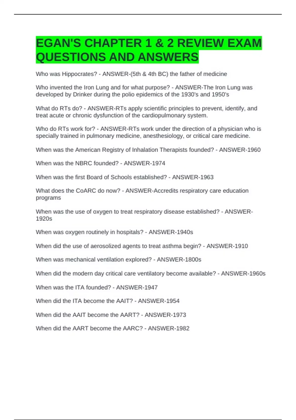 EGAN'S CHAPTER 1 & 2 REVIEW EXAM QUESTIONS AND ANSWERS - CRITICAL CARE 1: RESPIRATORY - Stuvia US