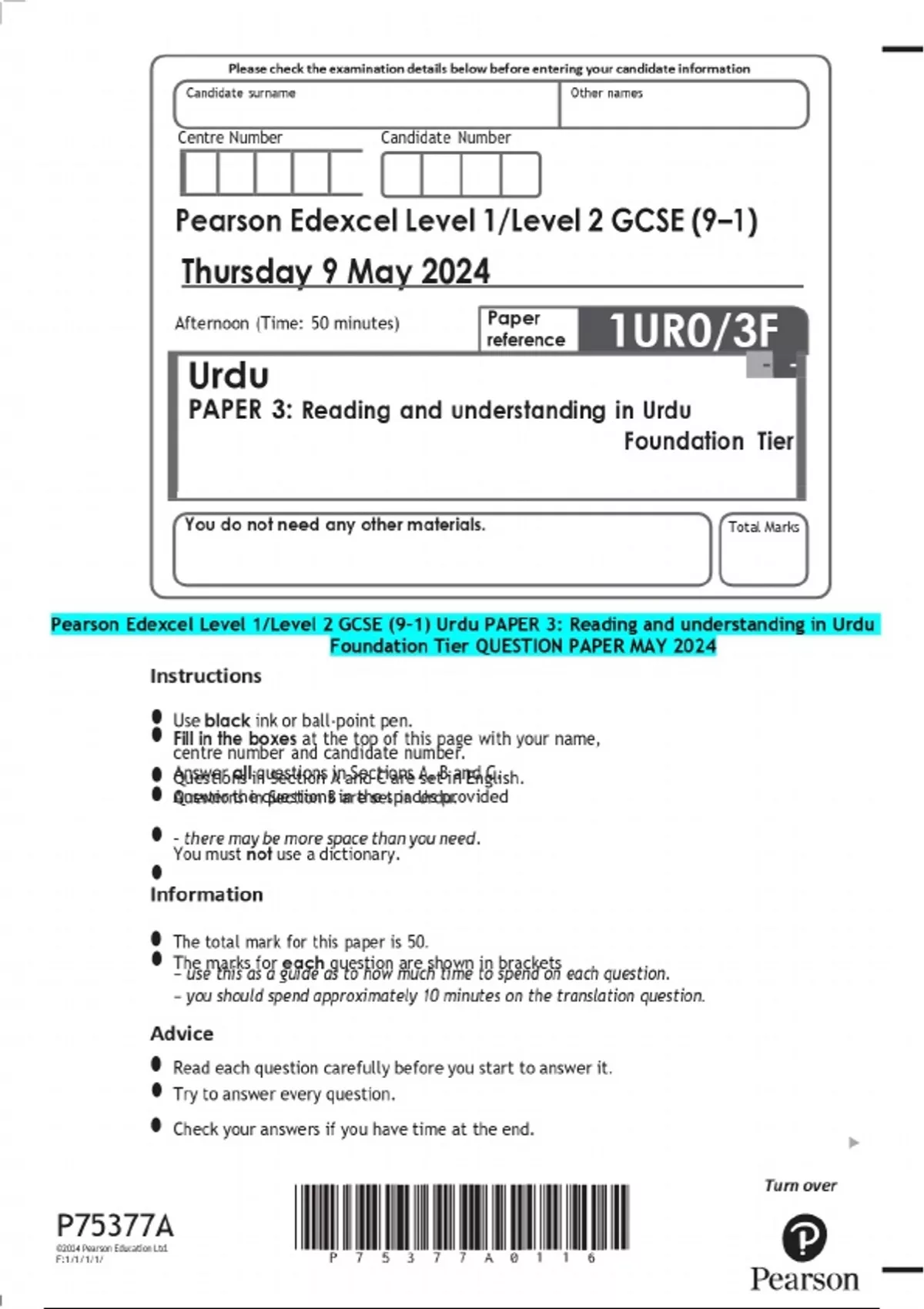 Pearson Edexcel Level 1/Level 2 GCSE (9–1) Urdu PAPER 3: Reading and ...