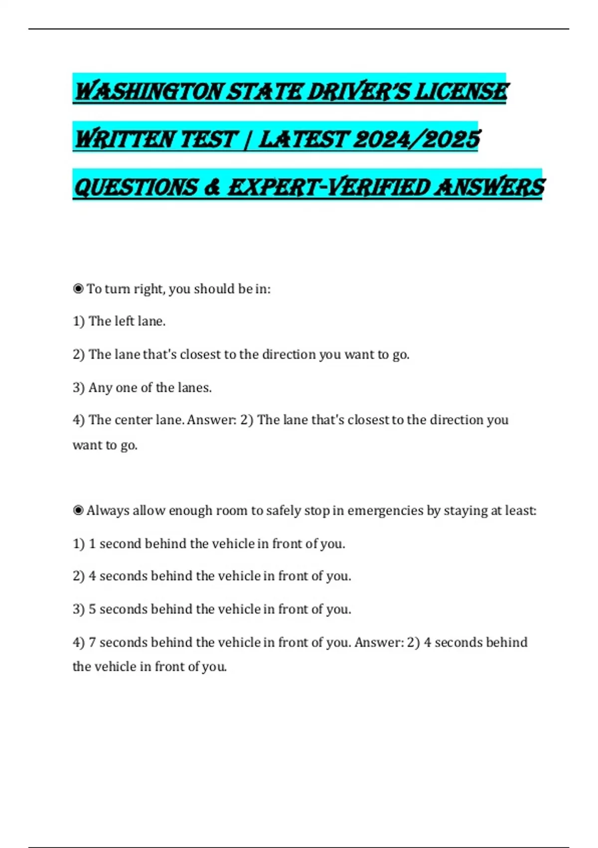 WASHINGTON STATE DRIVER’S LICENSE WRITTEN TEST | LATEST 2024/2025 ...