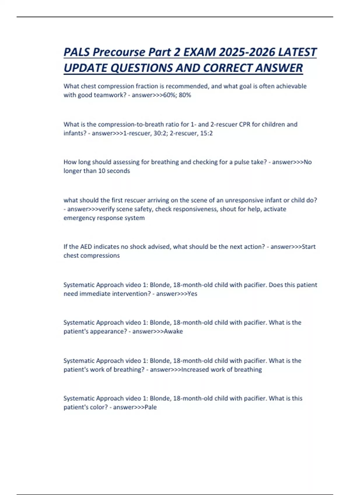 PALS Precourse Part 2 Exam 2025–2026 – Latest Updated Questions and ...