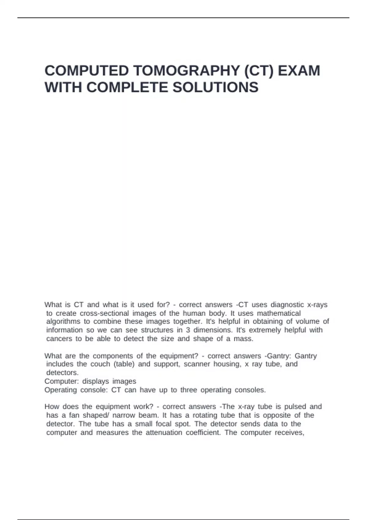 Computed Tomography (CT) exam with complete solutions - COMPUTED ...