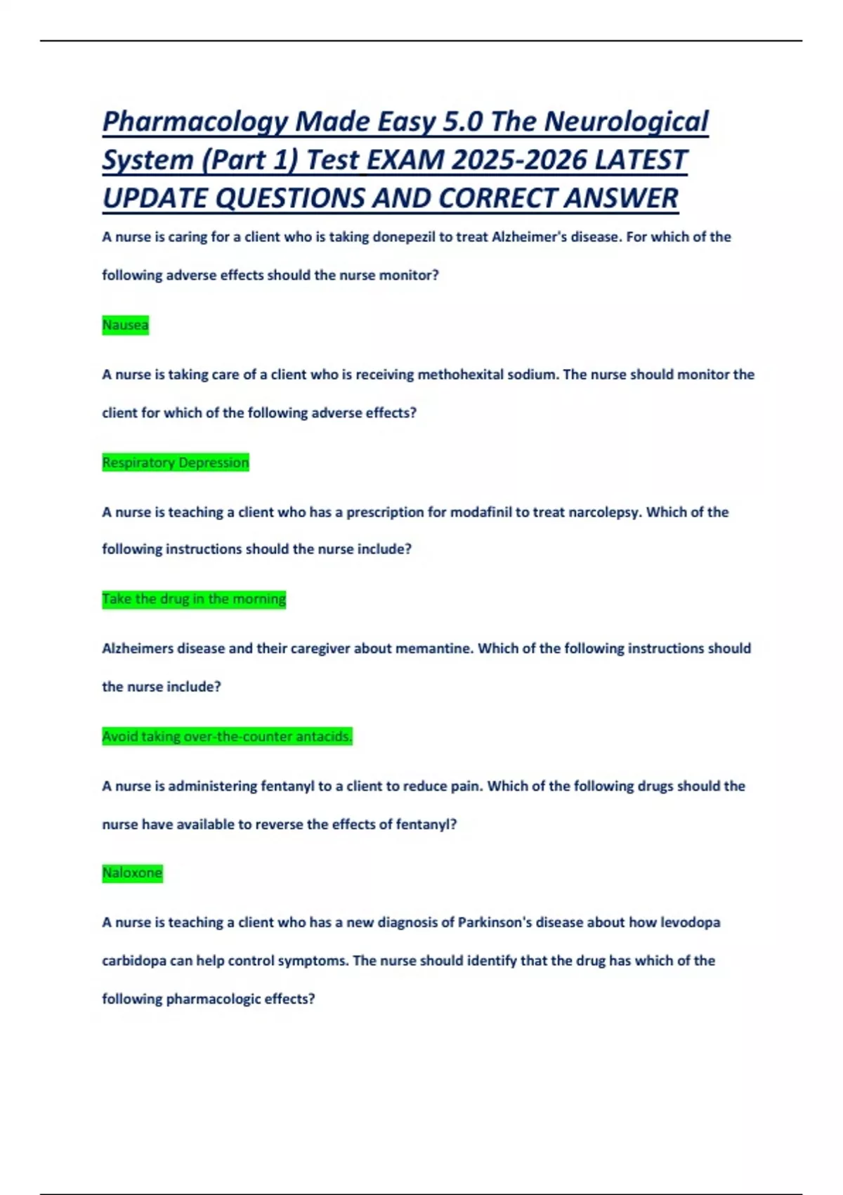 Pharmacology Made Easy 5.0 – Neurological System Part 1 Test – 2025 ...