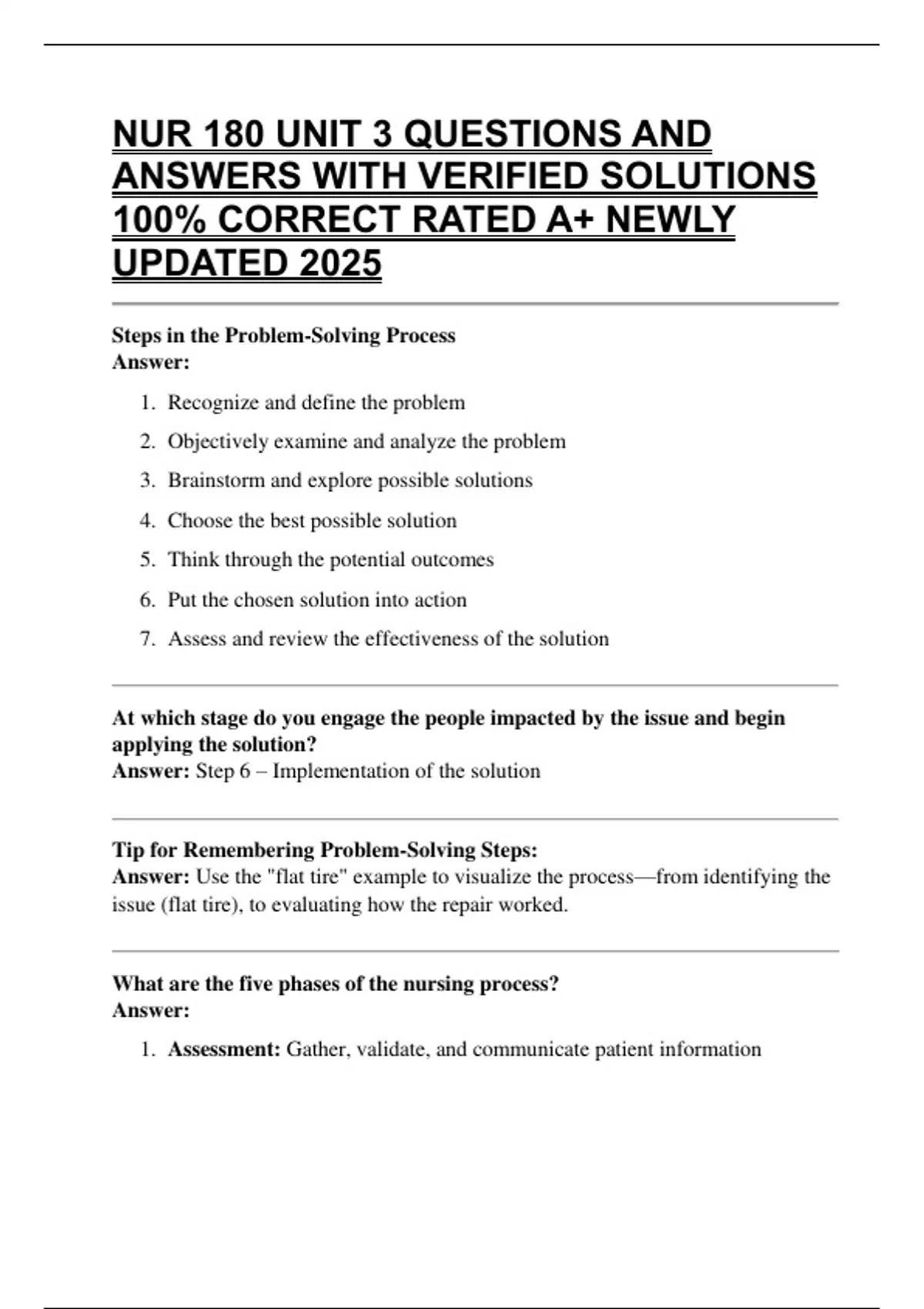 NUR 180 UNIT 3 QUESTIONS AND ANSWERS WITH VERIFIED SOLUTIONS 100% CORRECT RATED A+ NEWLY UPDATED ...