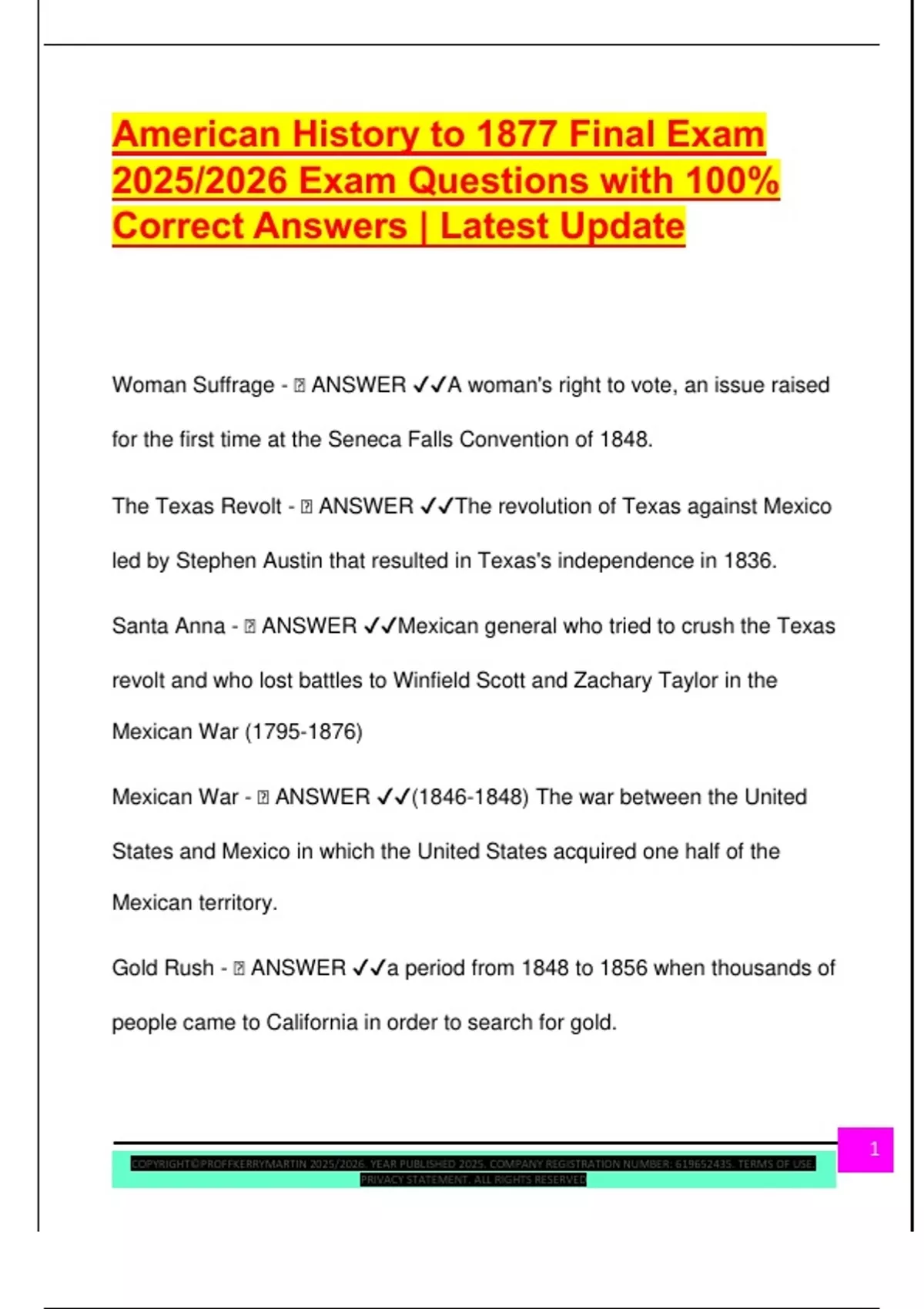 American History to 1877 Final Exam 2025/2026 Exam Questions with 100% ...