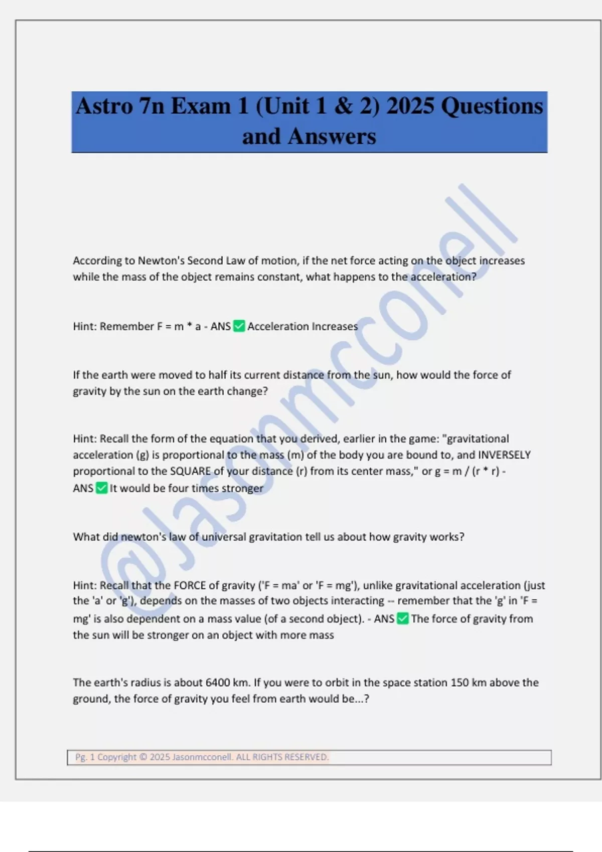 Astro 7n Exam 1 (Unit 1 & 2) 2025 Questions and Answers - Astro 7N ...