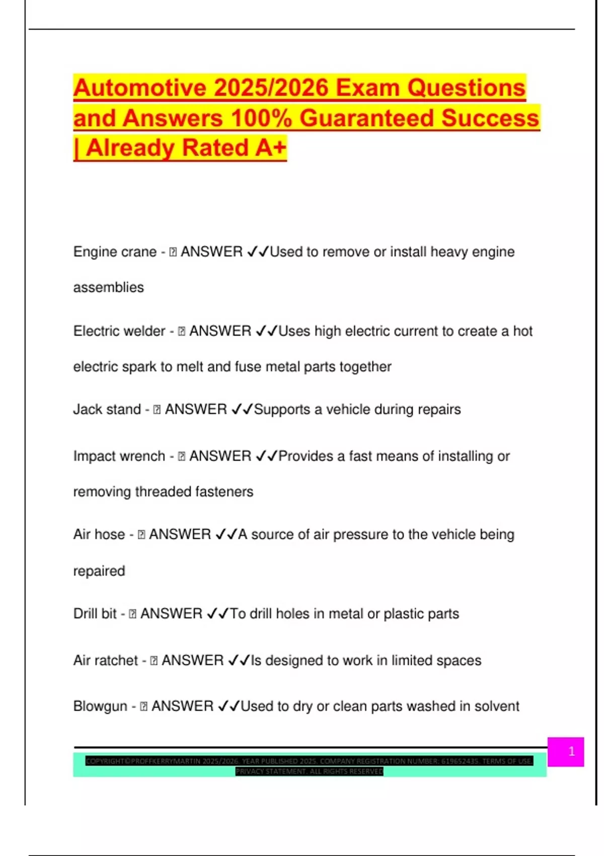 Automotive 2025/2026 Exam Questions and Answers 100% Guaranteed Success ...