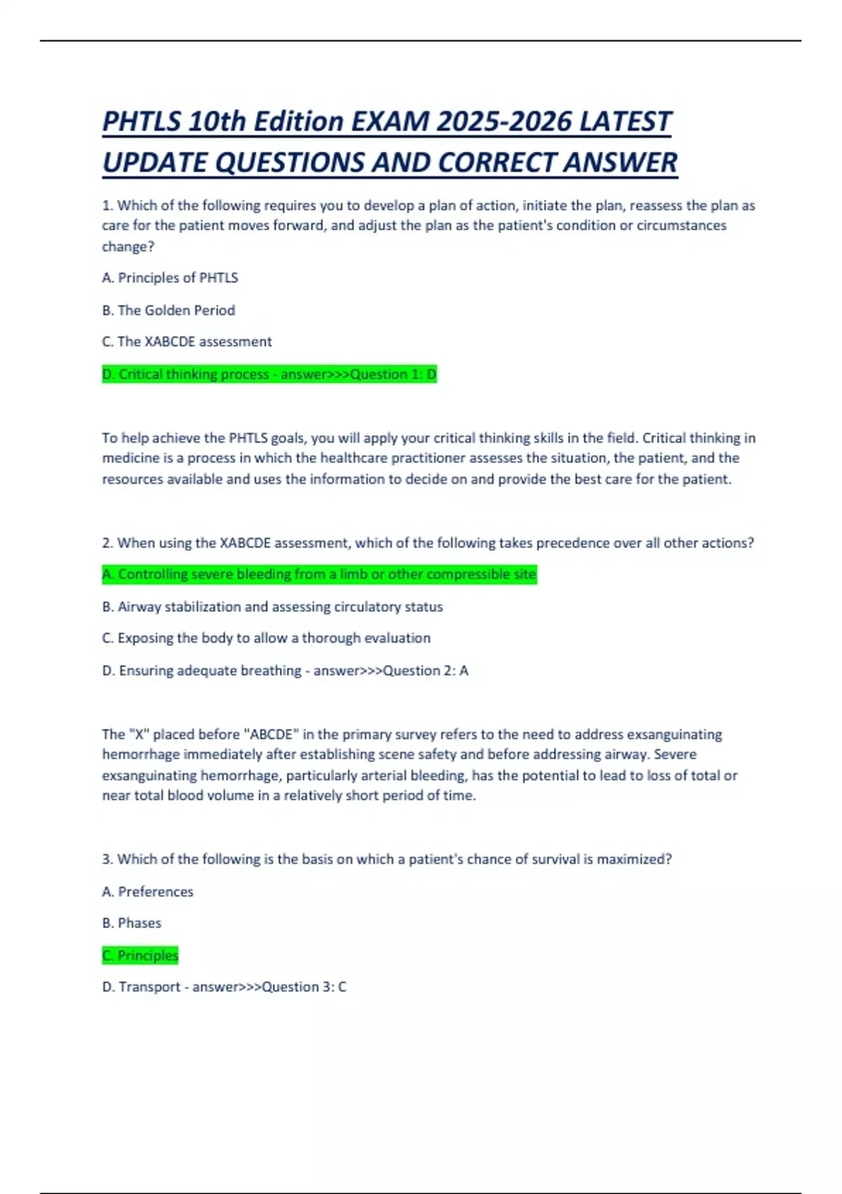 PHTLS 10th Edition Exam 2025–2026 – Latest Updated Questions and ...