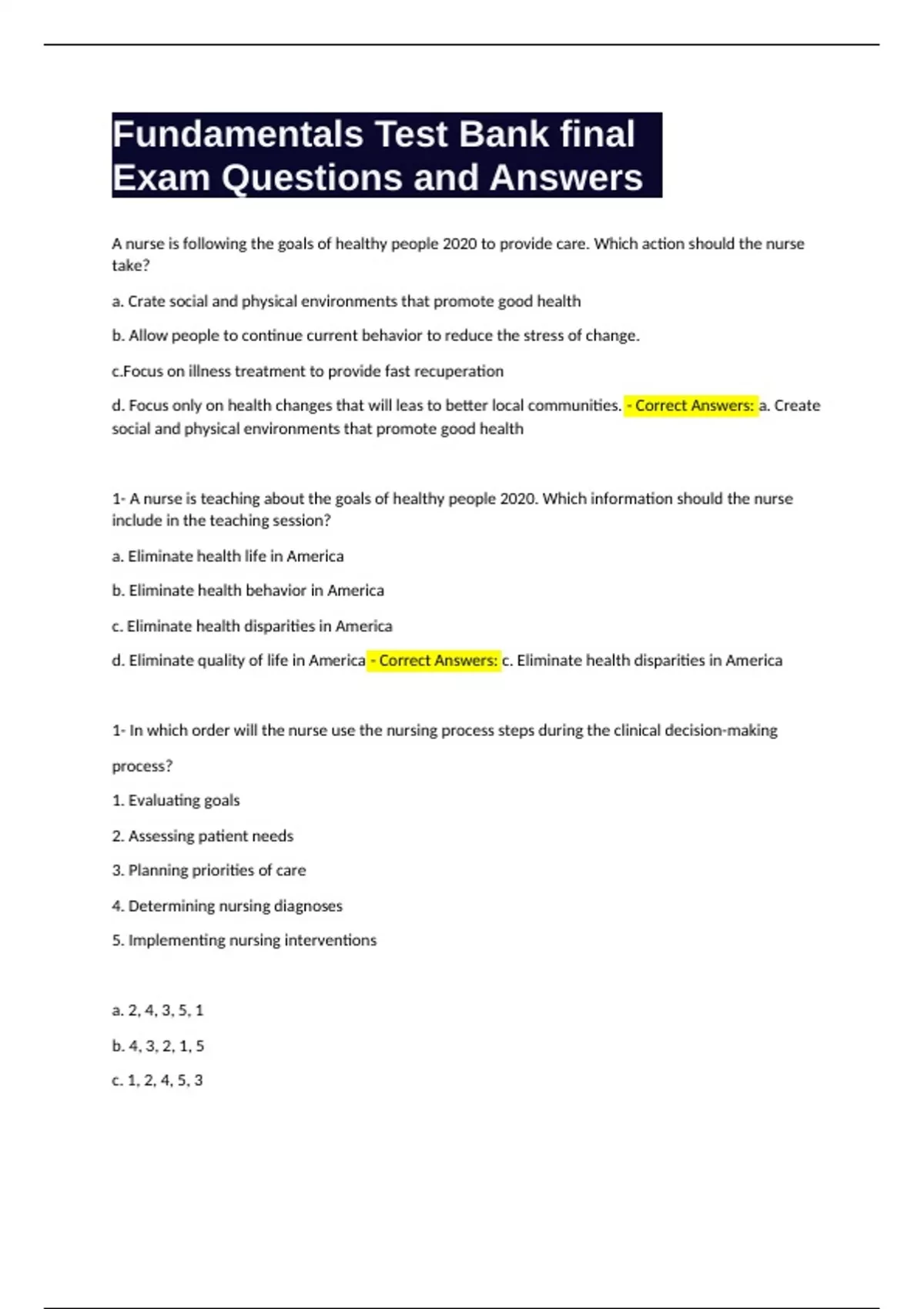 Fundamentals Test Bank final Exam Questions and Answers - LVN ...