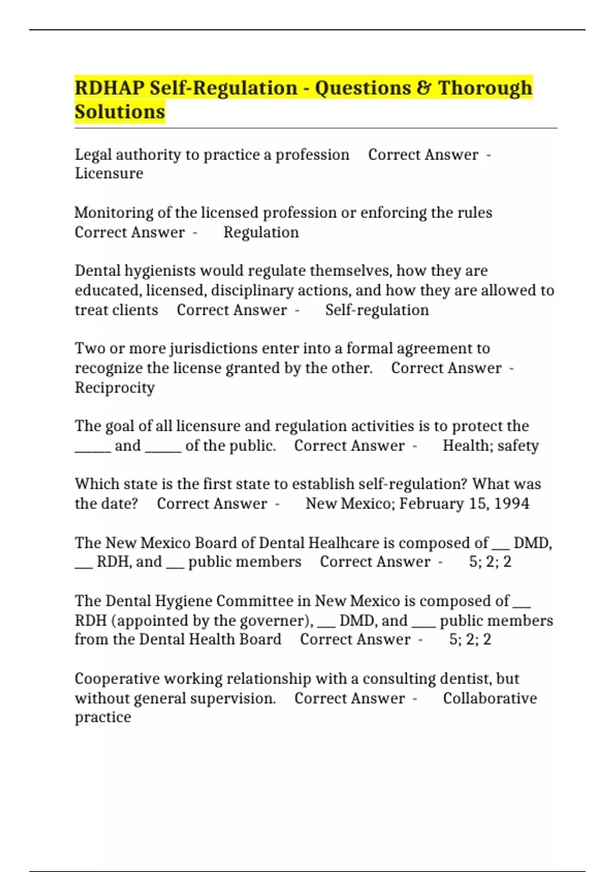 RDHAP Self-Regulation - Questions & Thorough Solutions - RDHAP - Stuvia US