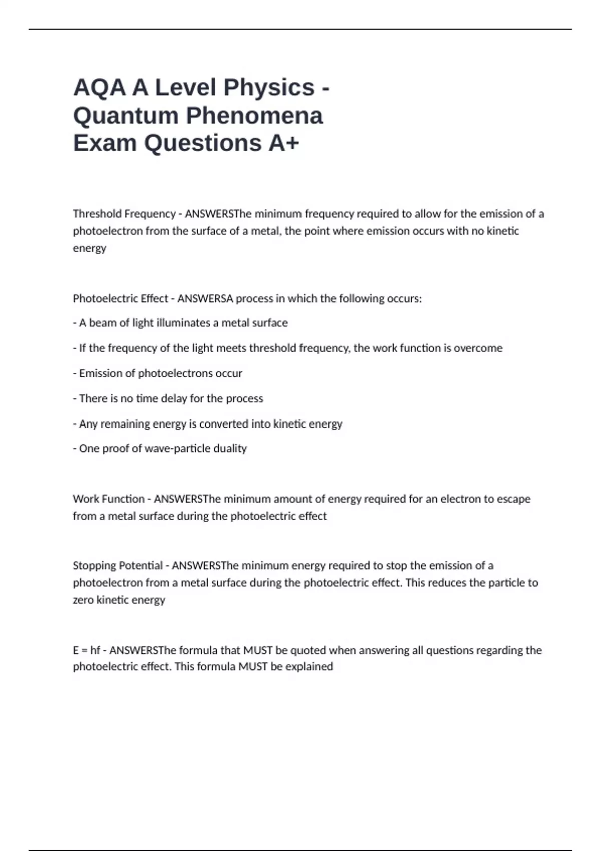 AQA A Level Physics - Quantum Phenomena Exam Questions A+ - AQA A Level ...