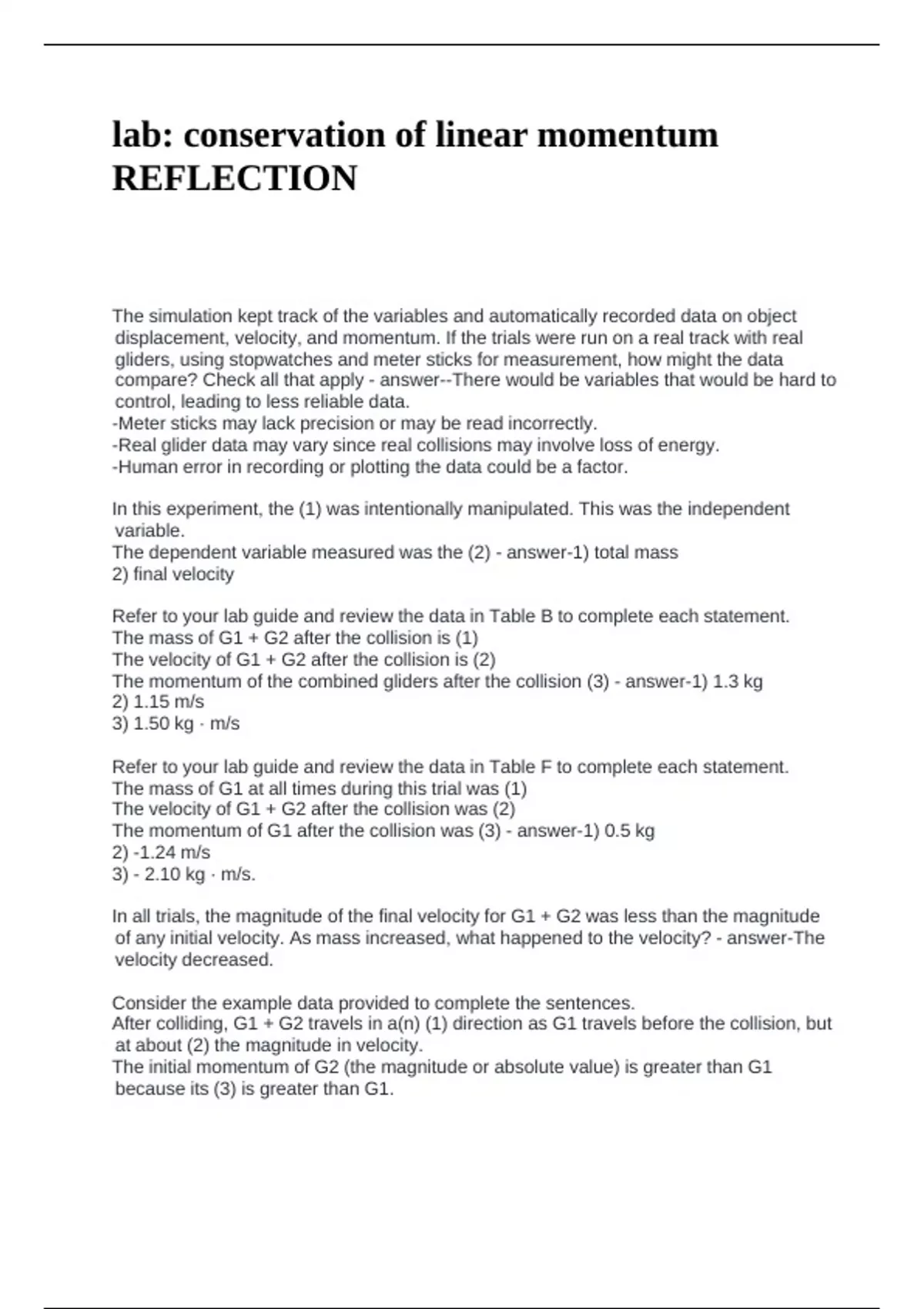 lab: conservation of linear momentum REFLECTION questions with ...
