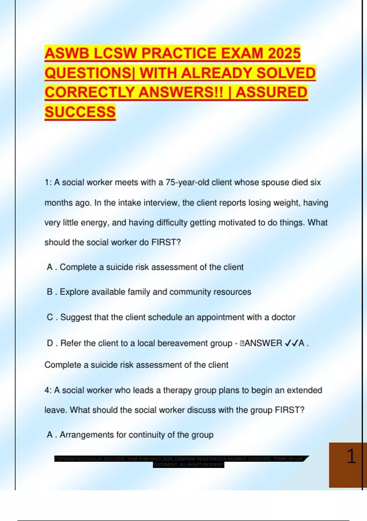 ASWB LCSW PRACTICE EXAM 2025 QUESTIONS| WITH ALREADY SOLVED CORRECTLY ...