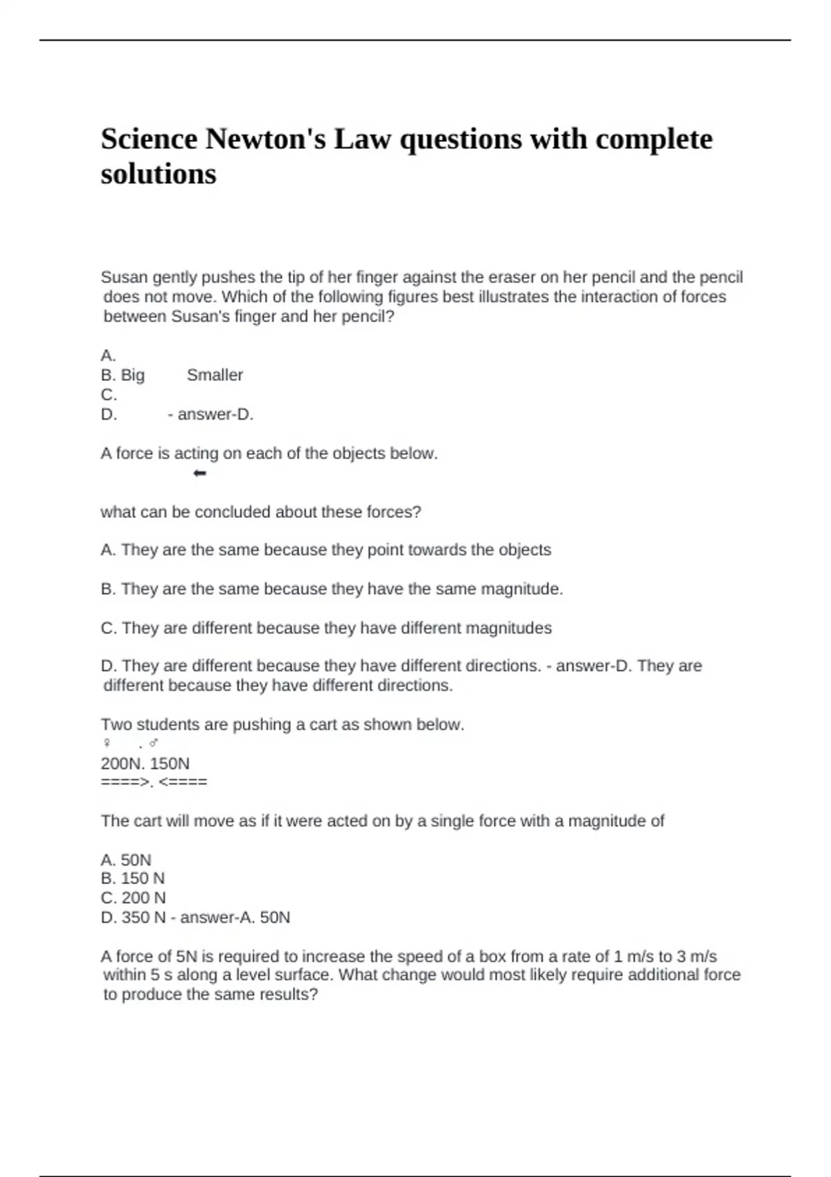 Science Newton's Law questions with complete solutions - Southern New ...