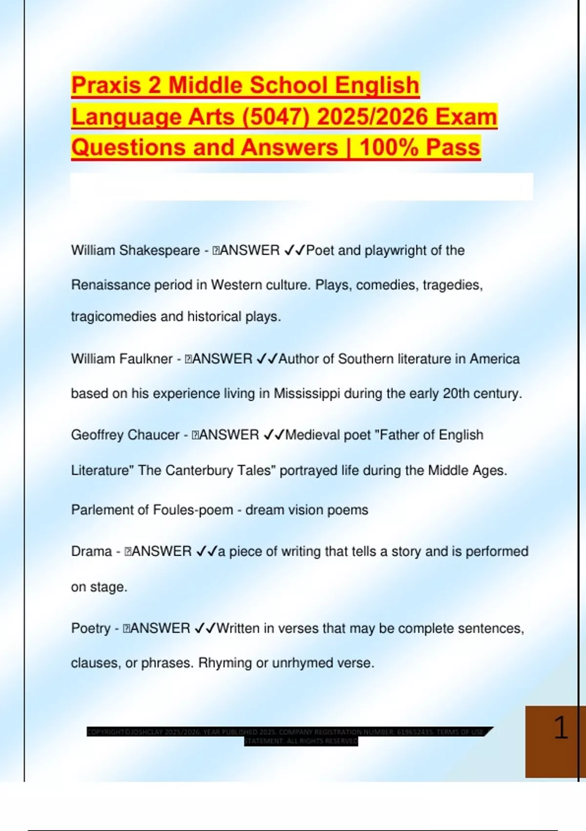Praxis 2 Middle School English Language Arts (5047) 2025/2026 Exam ...