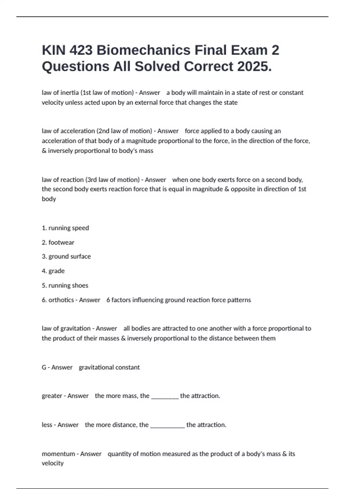 KIN 423 Biomechanics Final Exam 2 Questions All Solved Correct 2025. - BIO KIN 423 - Stuvia