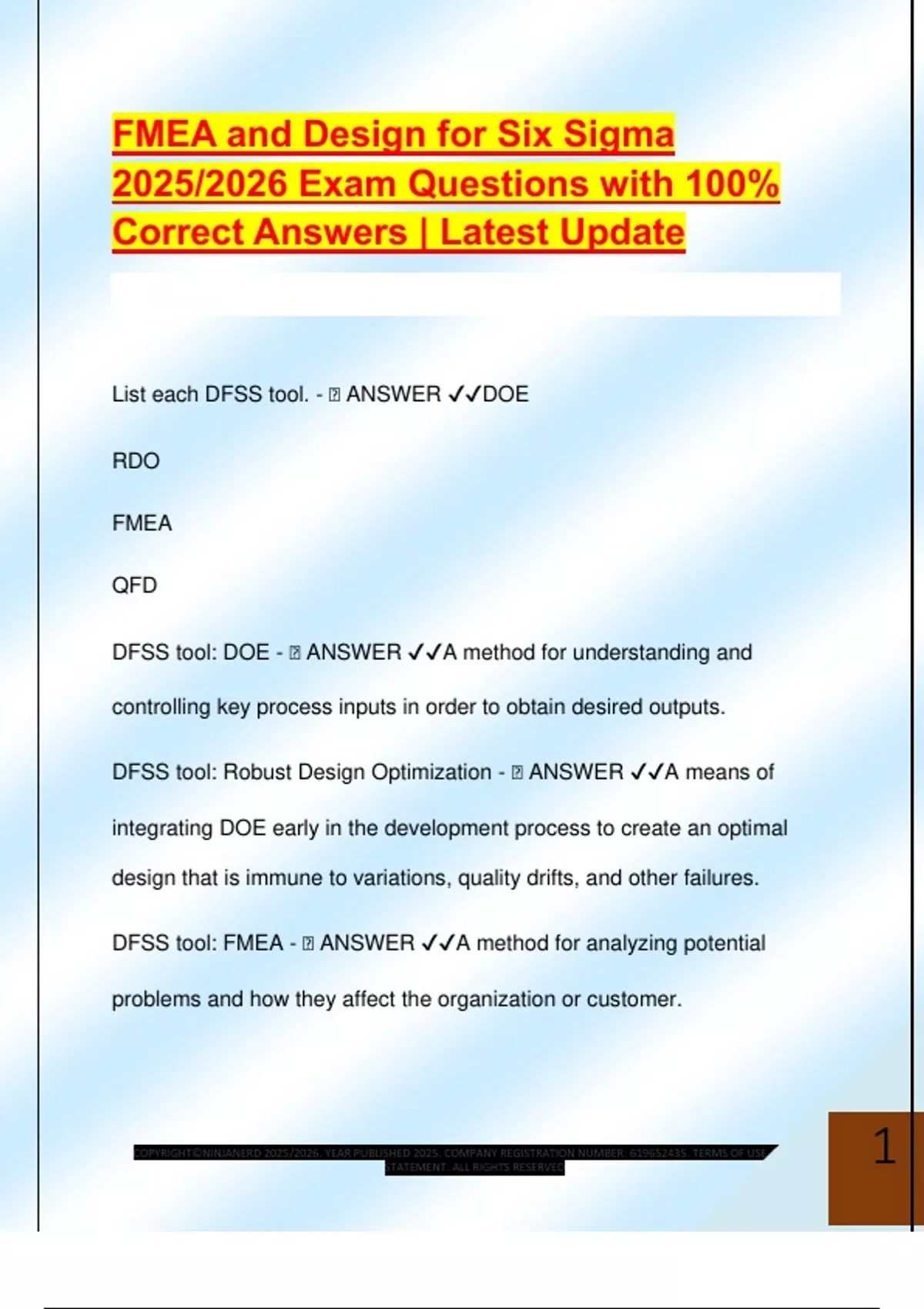 FMEA and Design for Six Sigma 2025/2026 Exam Questions with 100% ...