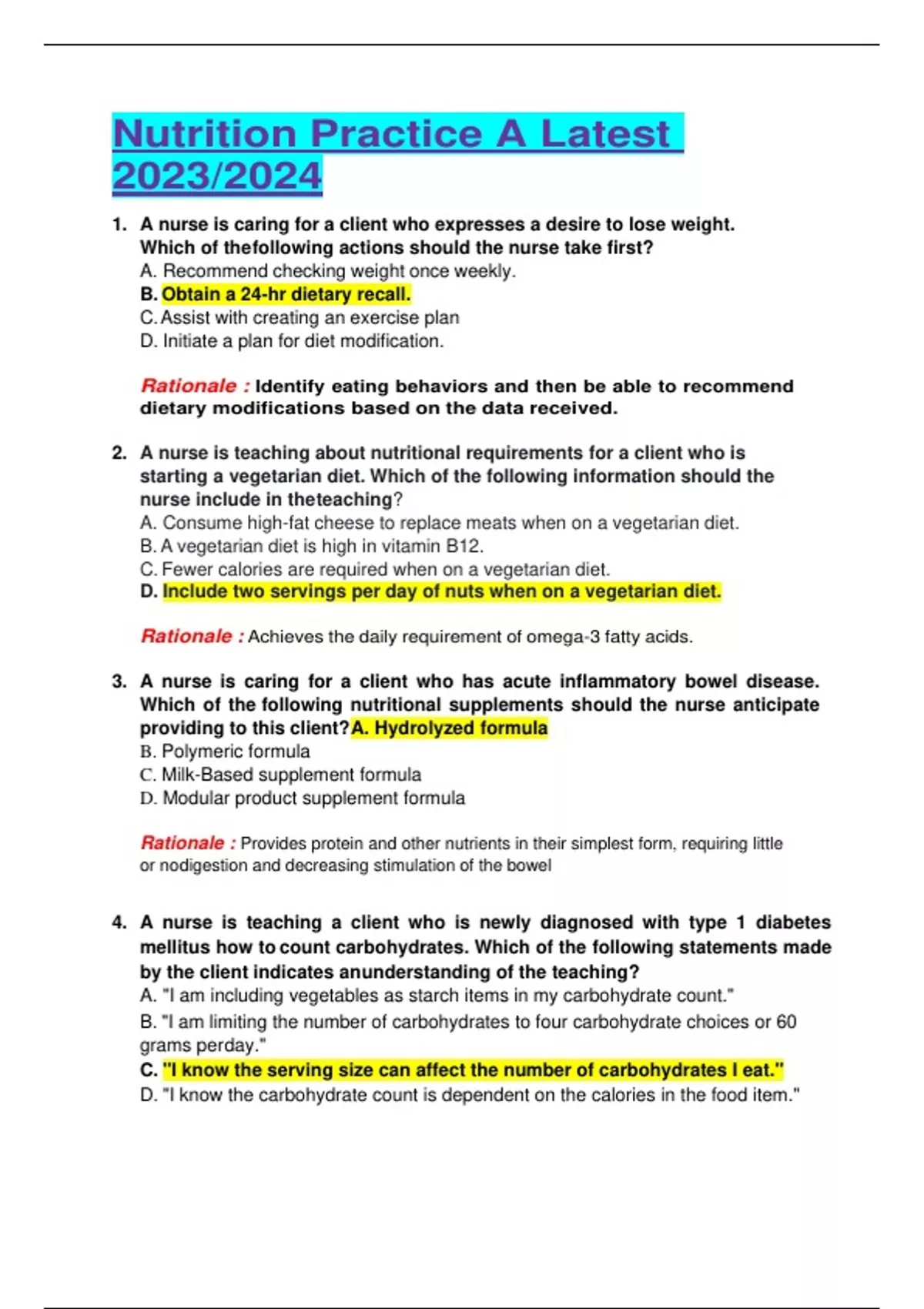 Nutrition practice exam A and Bpractice Questions and answers ...
