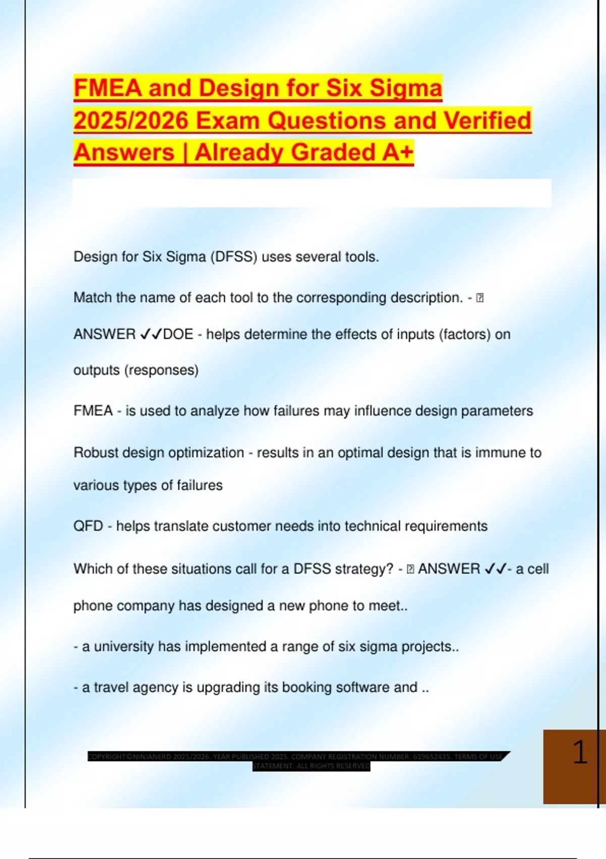 FMEA and Design for Six Sigma 2025/2026 Exam Questions and Verified Answers | Already Graded A+ ...