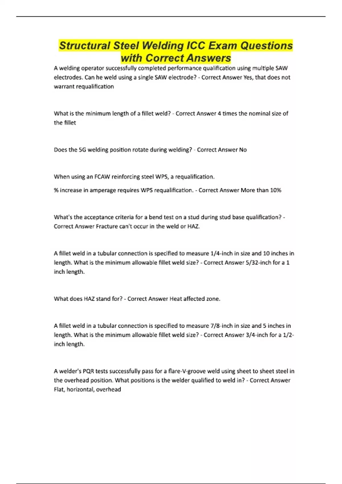 Structural Steel Welding ICC Exam Questions with Correct Answers ...