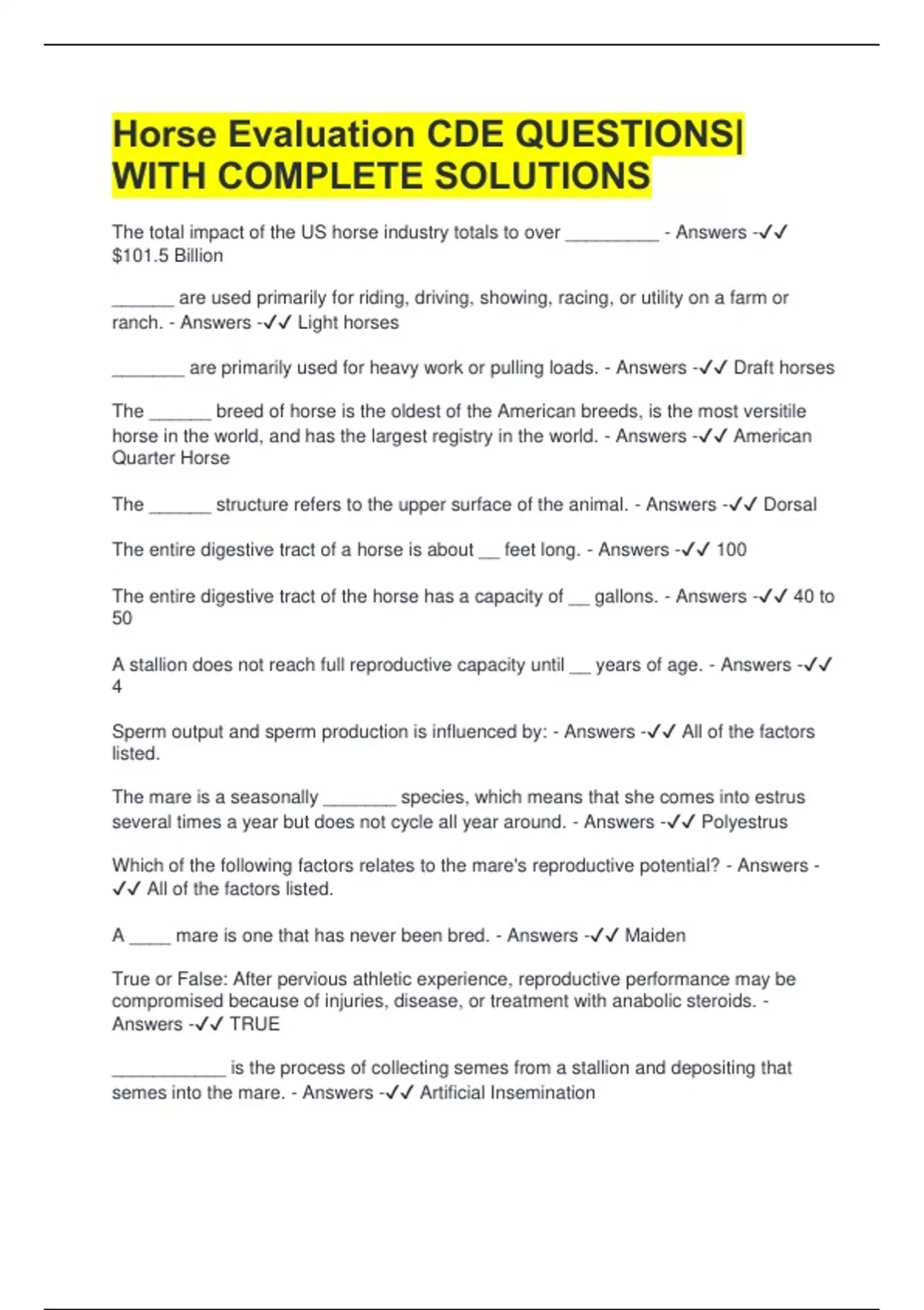 Horse Evaluation CDE QUESTIONS| WITH COMPLETE SOLUTIONS - CDE - Stuvia US