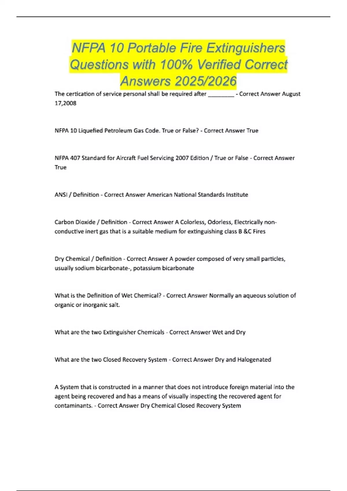 NFPA 10 Portable Fire Extinguishers Questions with 100% Verified Correct Answers 2025/2026 ...