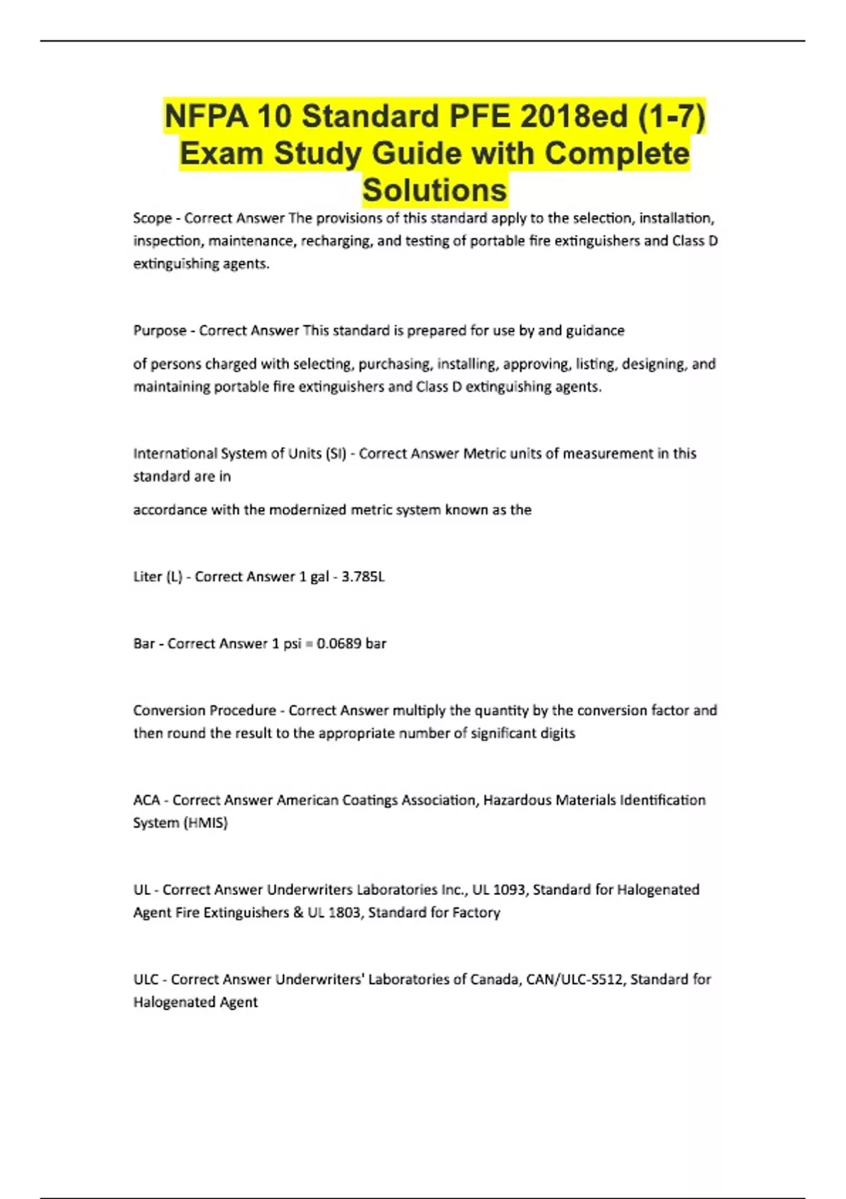NFPA 10 Standard PFE 2018ed (1-7) Exam Study Guide with Complete ...