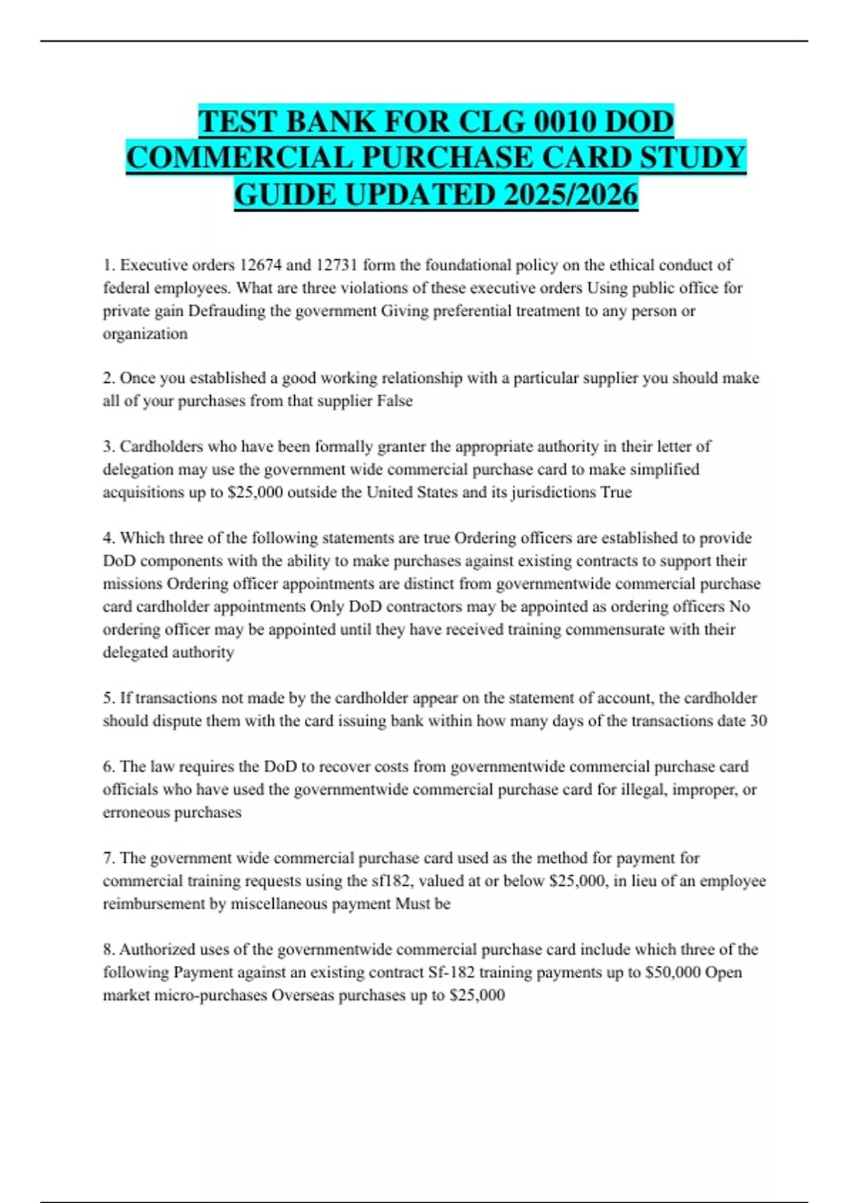 TEST BANK FOR CLG 0010 DOD COMMERCIAL PURCHASE CARD STUDY GUIDE UPDATED ...