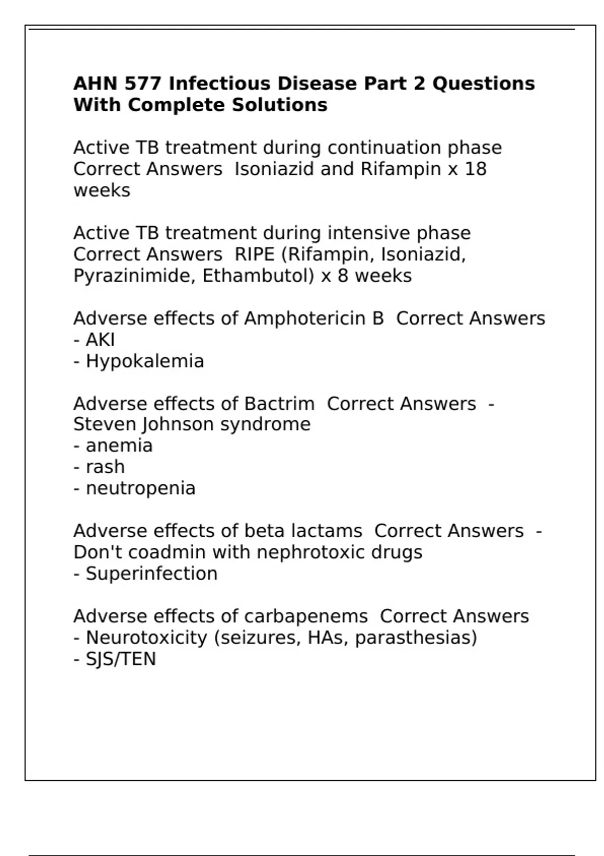 AHN 577 Infectious Disease Part 2 Questions With Complete Solutions - AHN 577 - Stuvia US