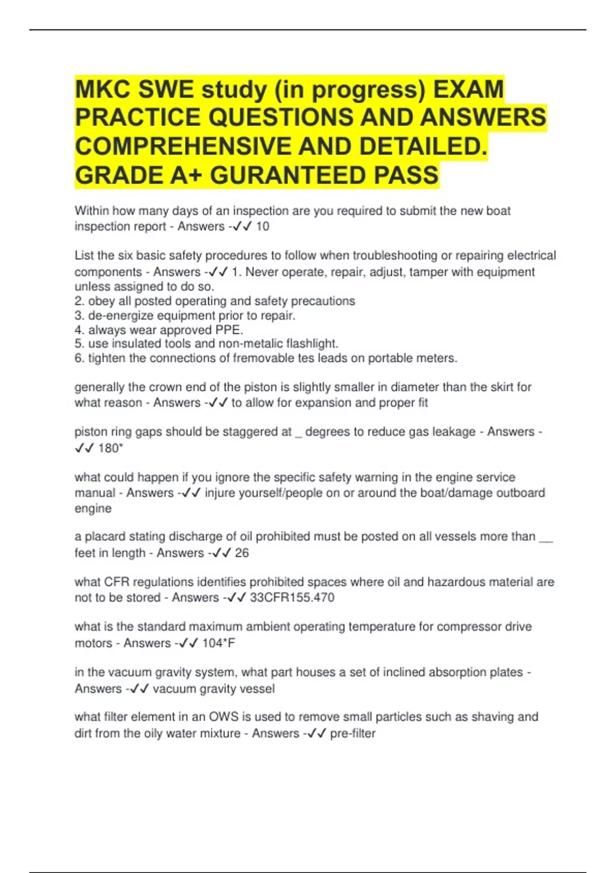 MKC SWE study (in progress) EXAM PRACTICE QUESTIONS AND ANSWERS ...