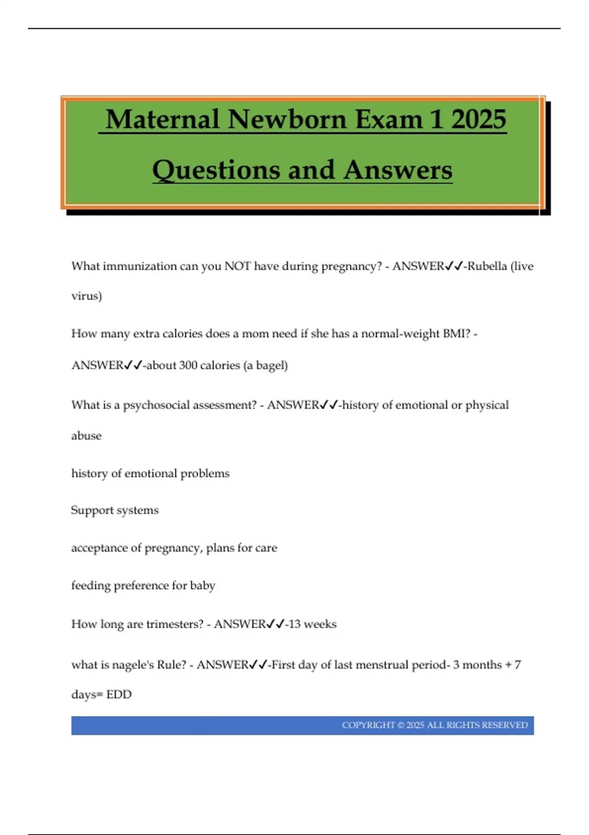 Maternal Newborn Exam 1 2025 Questions and Answers - Maternal/Newborn ...