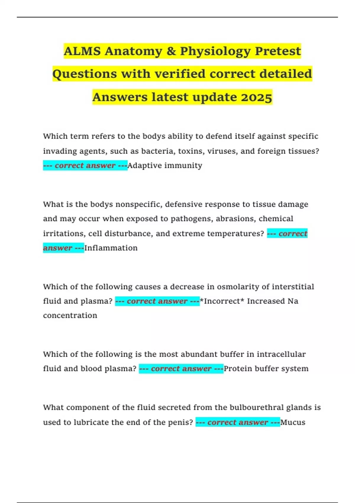ALMS Anatomy & Physiology Pretest Questions with verified correct ...
