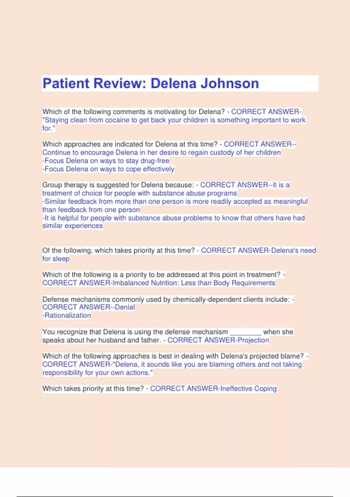 Patient Review: Delena Johnson Questions with Correct Answers|New 2025 ...
