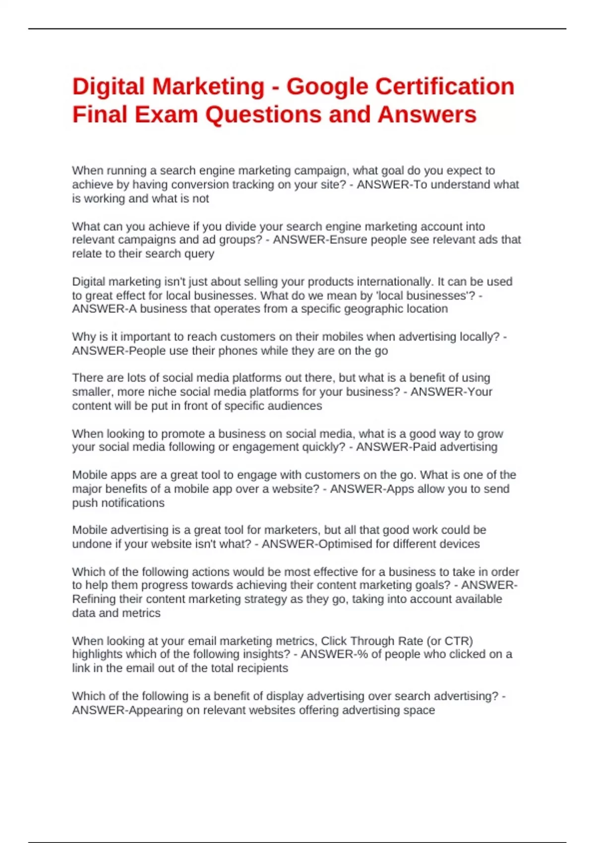 Digital Marketing - Google Certification Final Exam Questions and ...