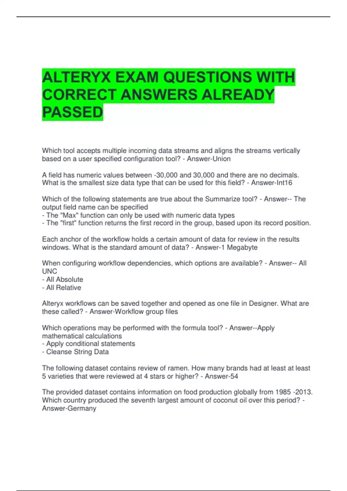 ALTERYX EXAM QUESTIONS WITH CORRECT ANSWERS ALREADY PASSED - ALTERYX ...