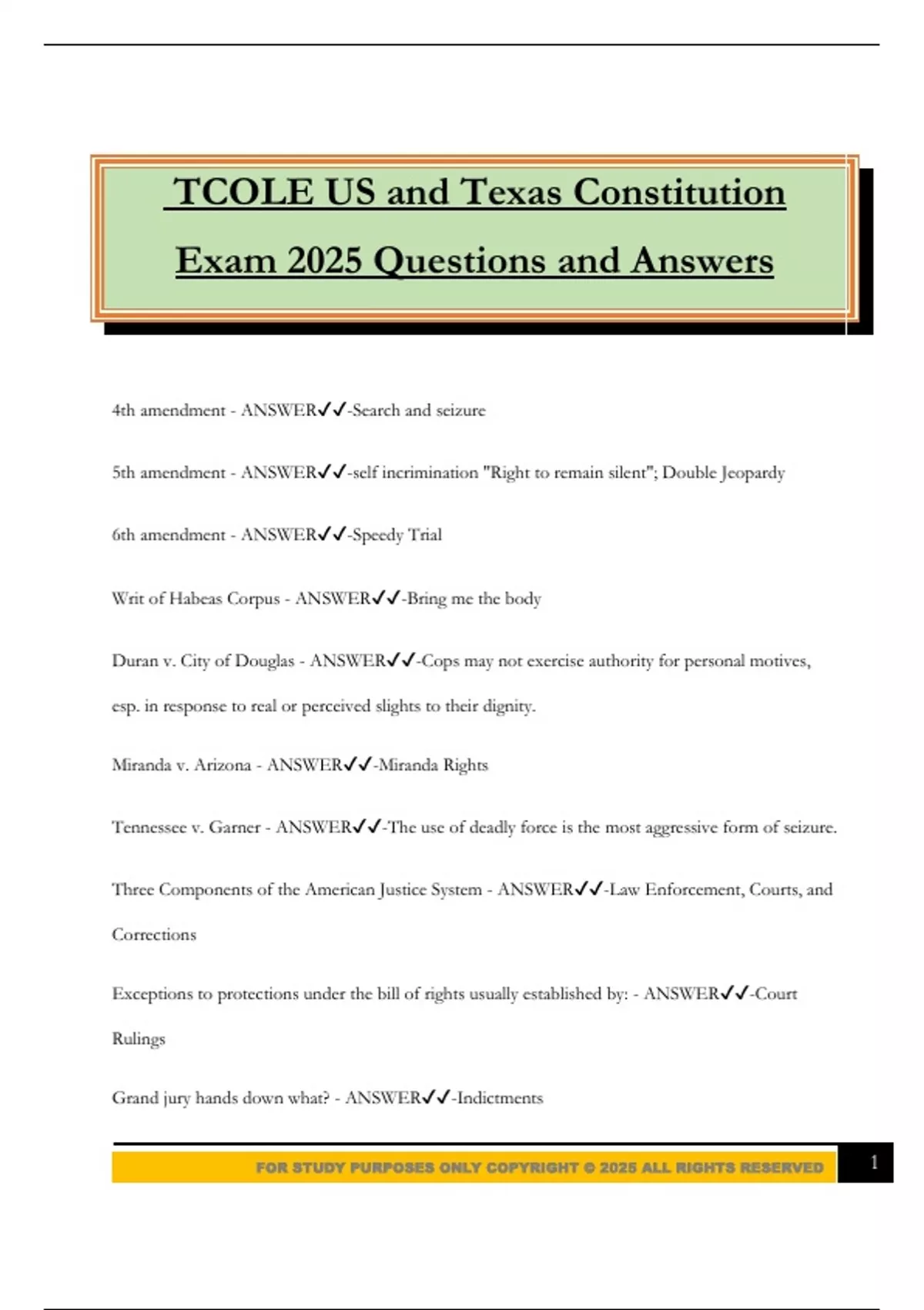 TCOLE US and Texas Constitution Exam 2025 Questions and Answers - Tcole ...