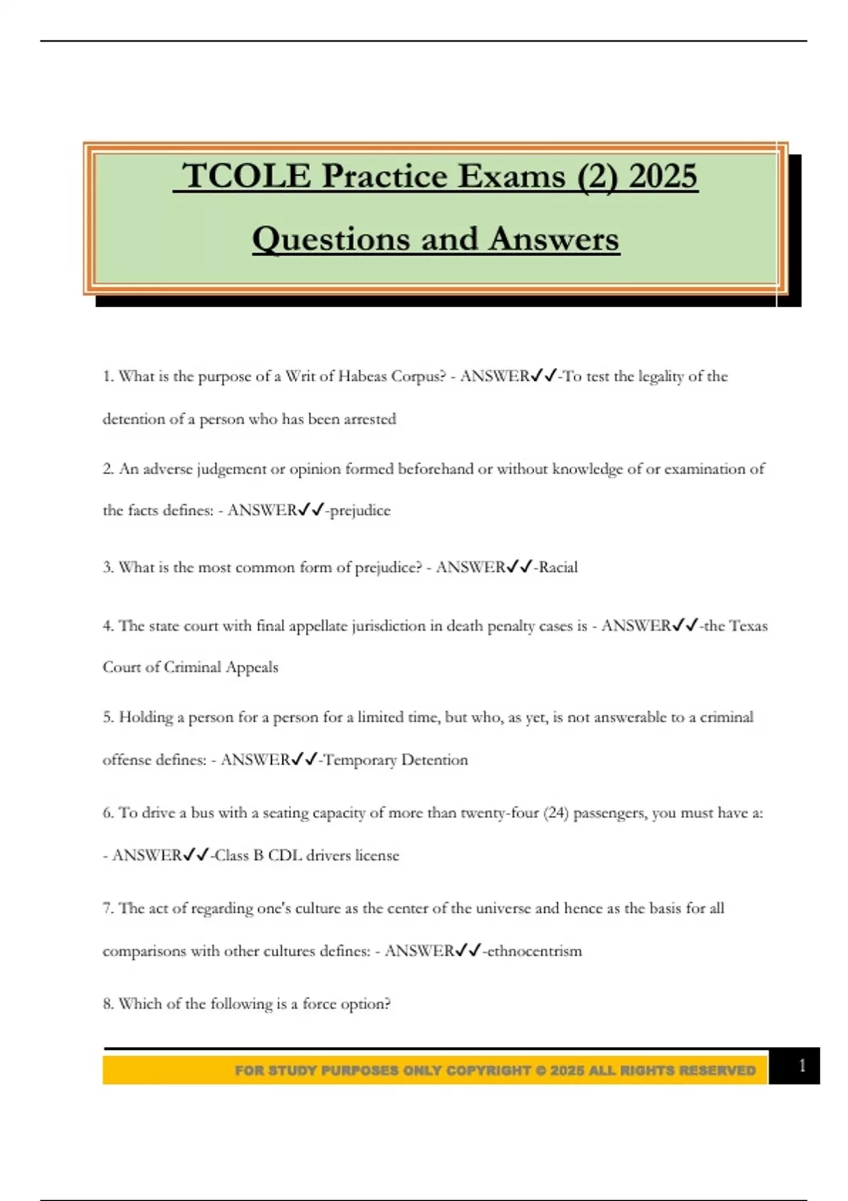 TCOLE Practice Exams (2) 2025 Questions and Answers - Tcole - Stuvia US