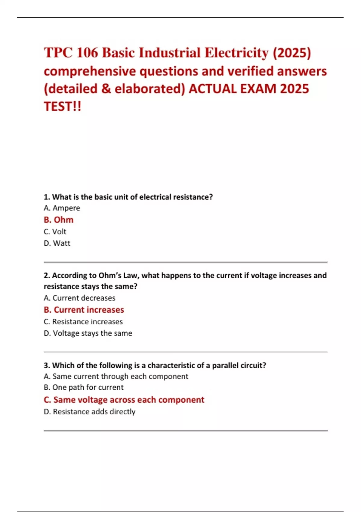 TPC 106 Basic Industrial Electricity (2025) comprehensive questions and ...