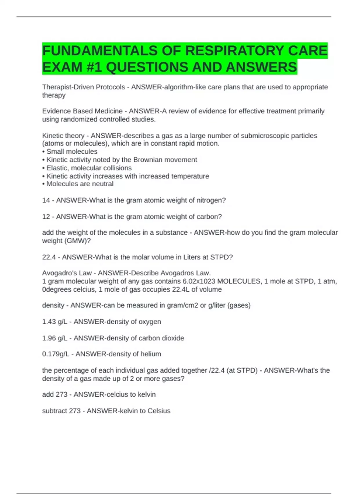 FUNDAMENTALS OF RESPIRATORY CARE EXAM #1 QUESTIONS AND ANSWERS ...
