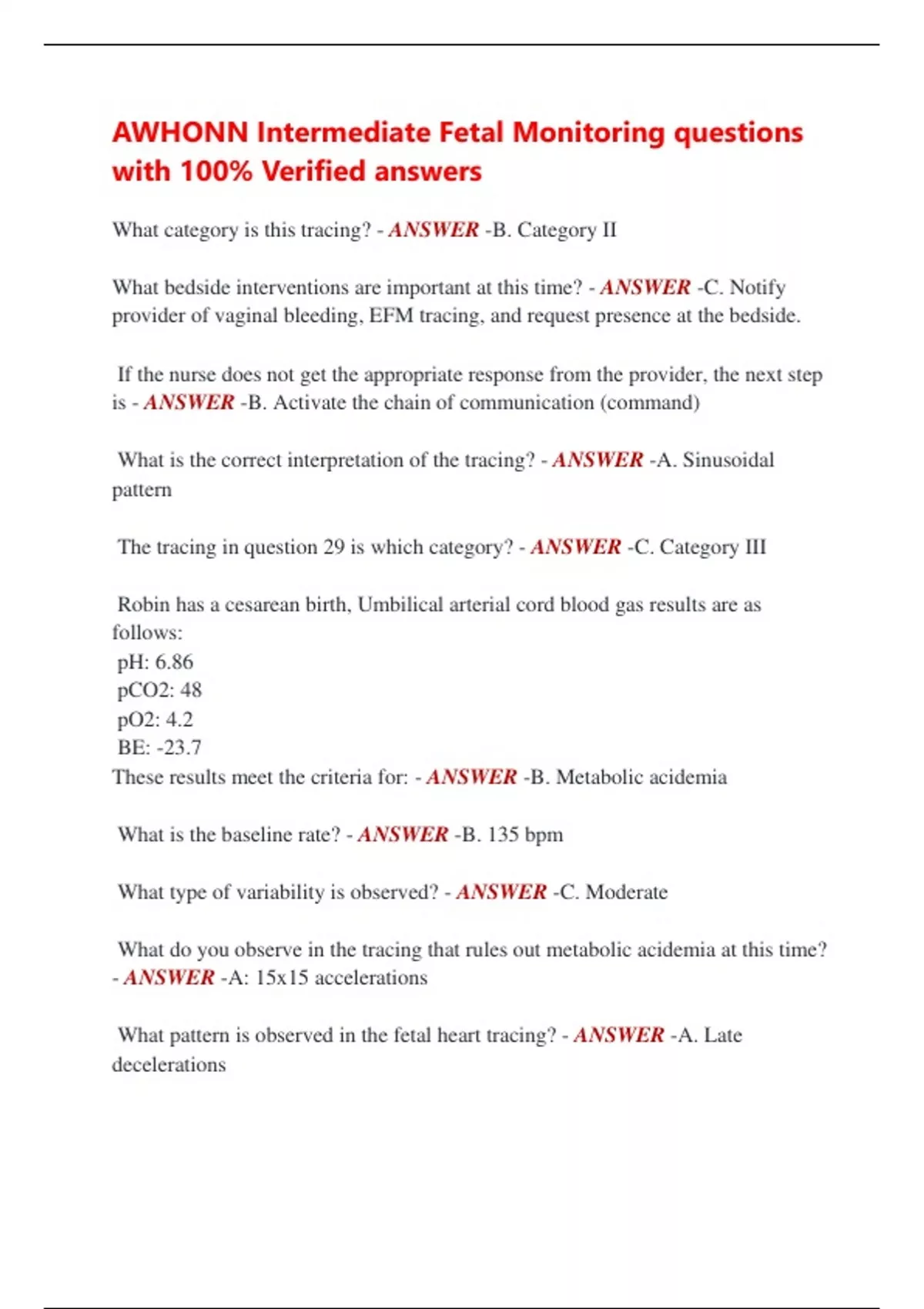 AWHONN Intermediate Fetal Monitoring questions with 100% Verified ...