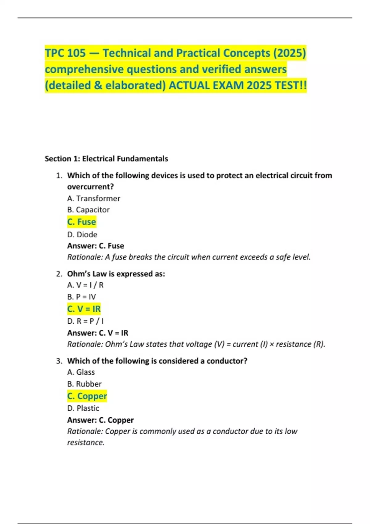 TPC 105 — Technical and Practical Concepts (2025) comprehensive questions and verified answers ...