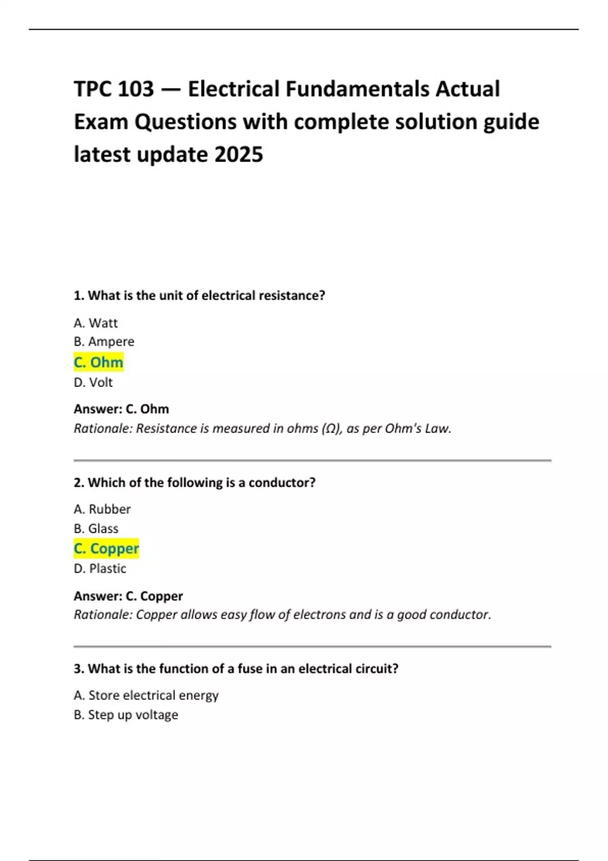 TPC 103 — Electrical Fundamentals Actual Exam Questions with complete ...