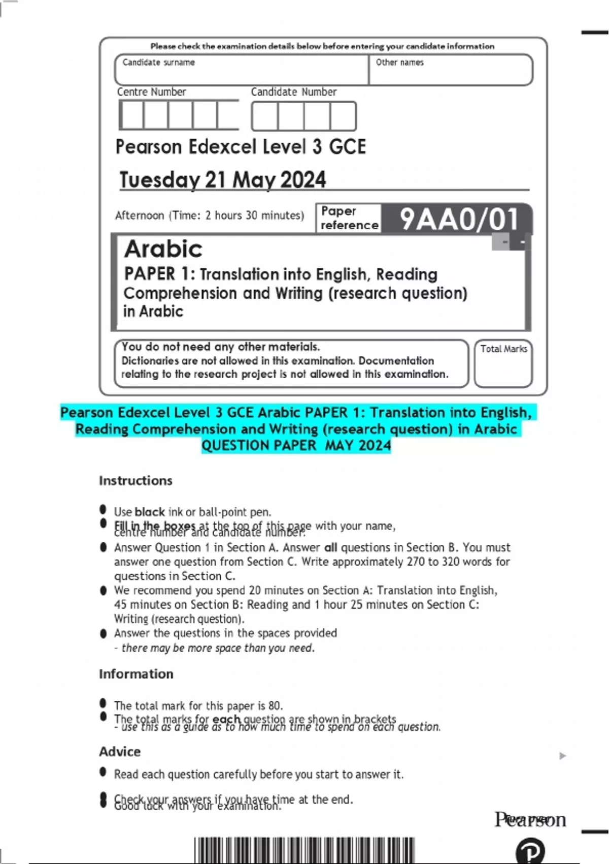 Pearson Edexcel Level 3 GCE Arabic PAPER 1: Translation into English ...