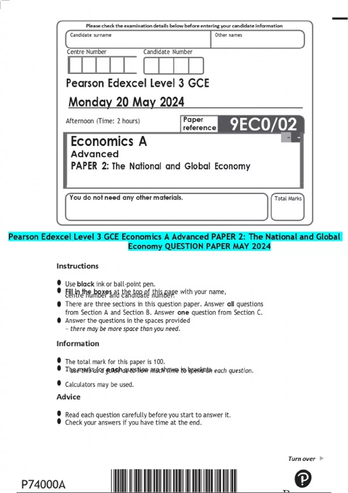 Pearson Edexcel Level 3 GCE Economics A Advanced PAPER 2: The National ...